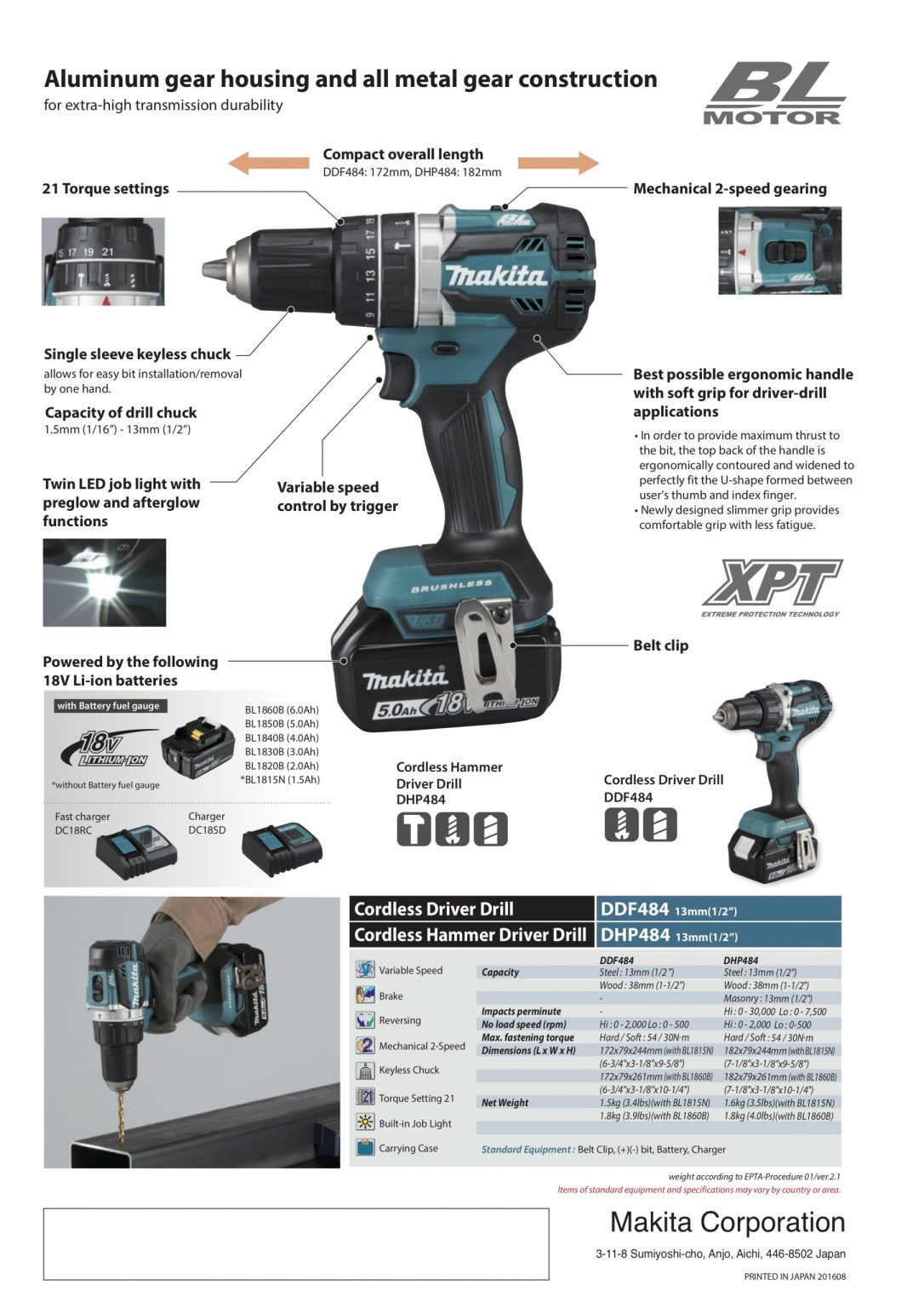 MAKITA DHP484RFE 13mm (1/2") 18V Cordless Hammer Driver Drill ...