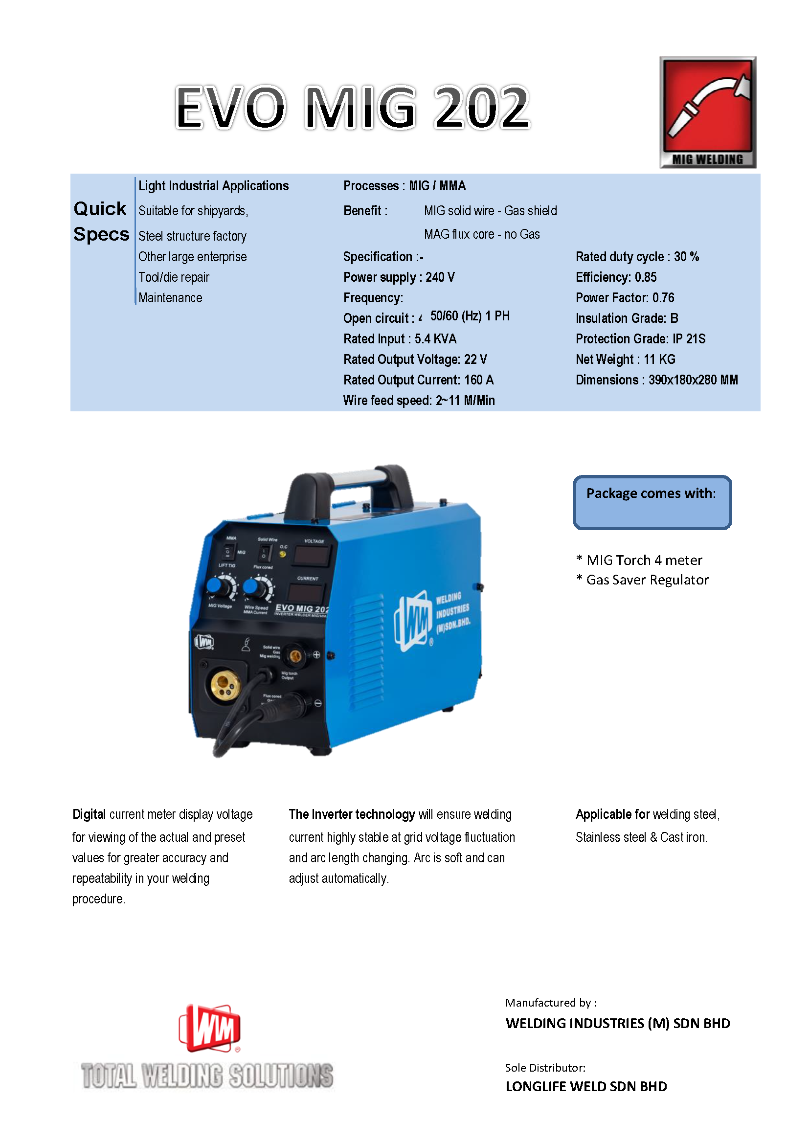 WIM EVO MIG202 MIG Welding Machine - Totalwell Machinery Hardware Sdn Bhd