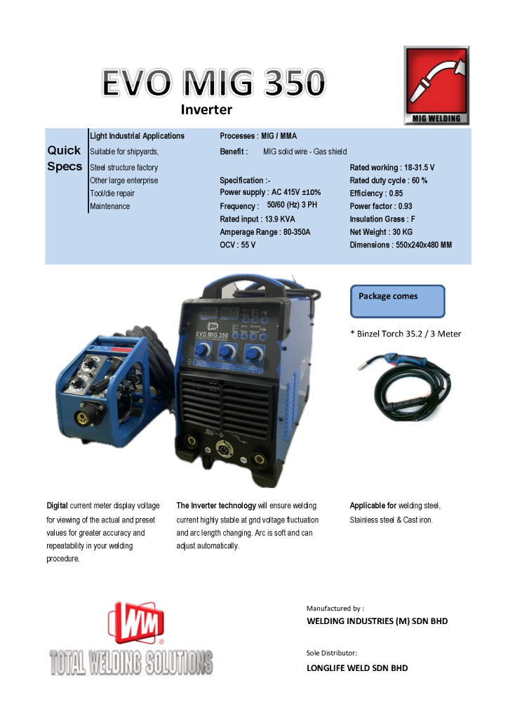 WIM EVO MIG350 MIG Welding Machine - Totalwell Machinery Hardware Sdn Bhd