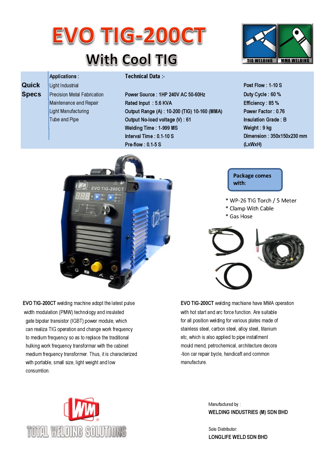 WIM EVOTIG-200CT TIG Welding Machine - Totalwell Machinery Hardware Sdn Bhd